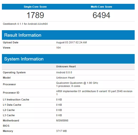 Nokia 8 Android 8.0 உடன் Geekbench உள்ள