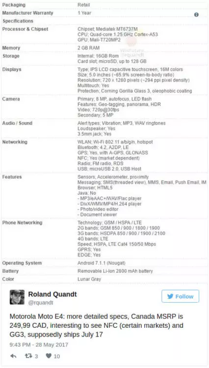 Moto E4 nrog Android 7.1.1 tau tshaj tawm Lub Xya Hli 17