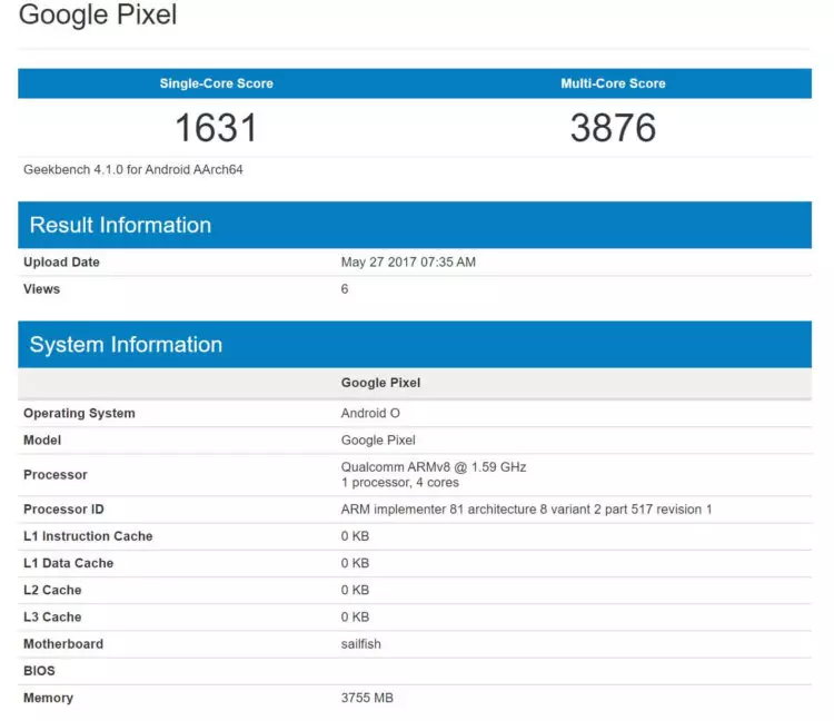 Google Pixel bl-Android O tista '"tidher" f'Geekbench