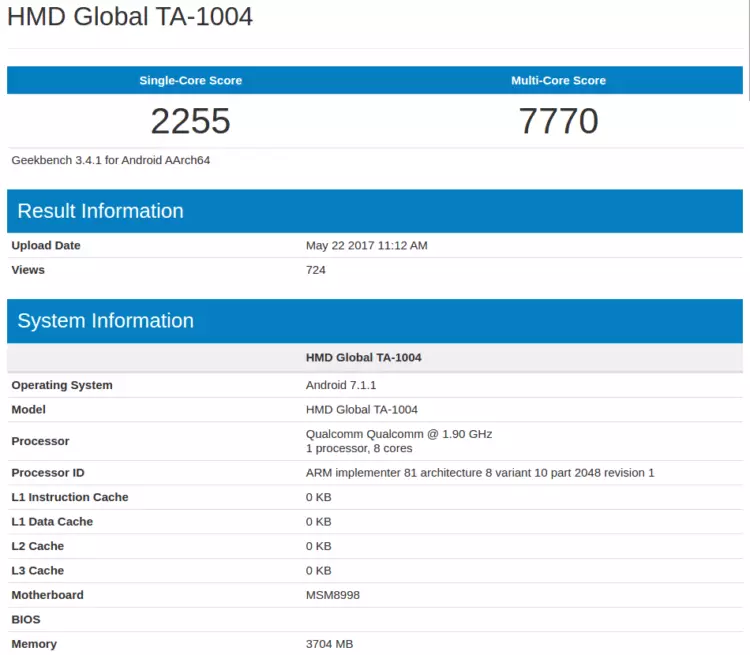 HMD GLOBAL TA-1004 (Nokia 9?) In Geekbench