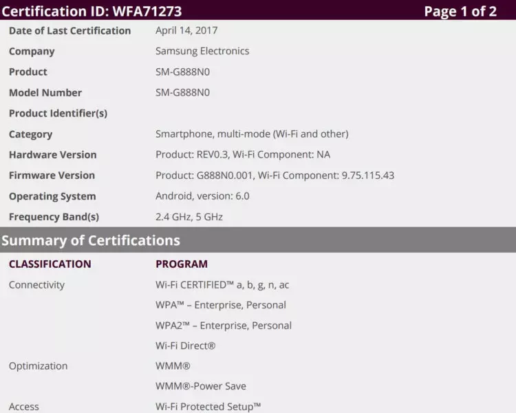SM-G888N0 მოდელი გავიდა Wi-Fi ალიანსის სერტიფიცირების შესახებ