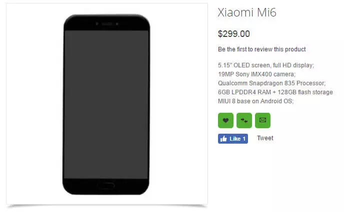 Xiaomi Mi 6 Xitoyda chakana sotuvchisining veb-saytida 