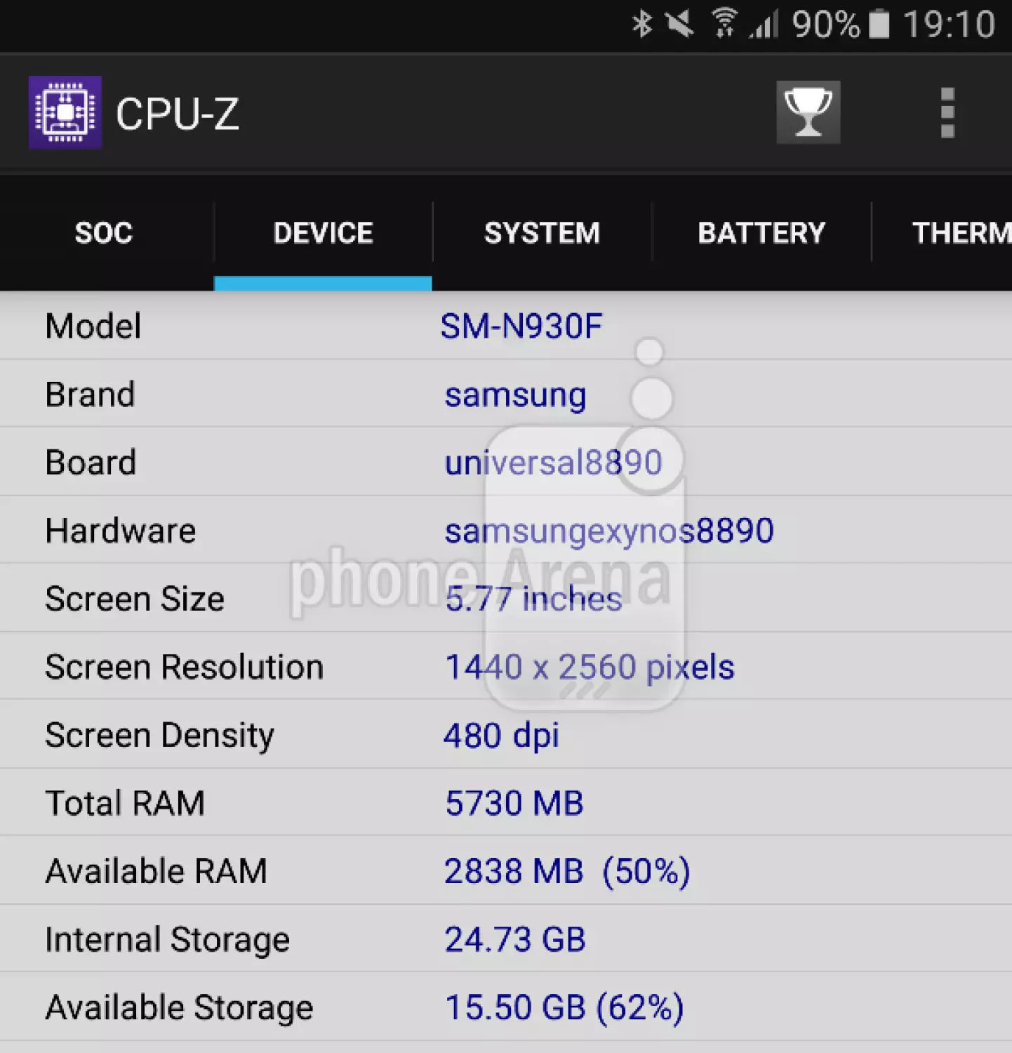 Galaxy Note 6“Lit Up”在CPU-Z測試中：6 GB的RAM和IP68標准保護 14108_2