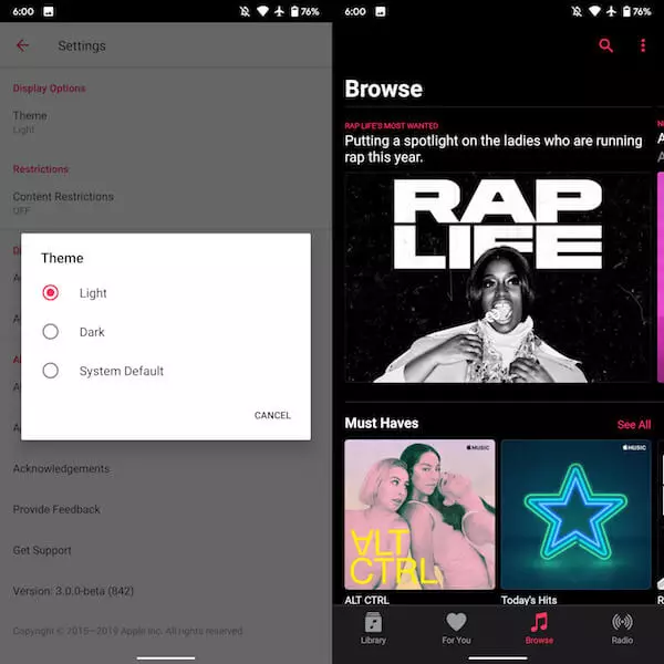 Ko nakts tēma izskatās Apple mūzikā Android 4227_3