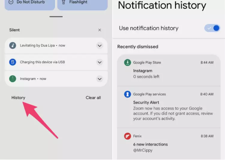 History of notifications