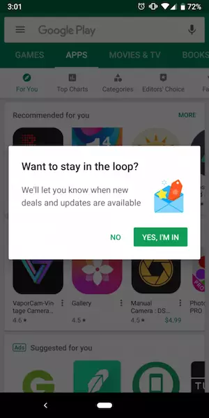 Google Play нь шинэчлэлт, тусгай саналын талаар хэрэглэгчдэд мэдэгдэхийг сурч мэдсэн 5856_2