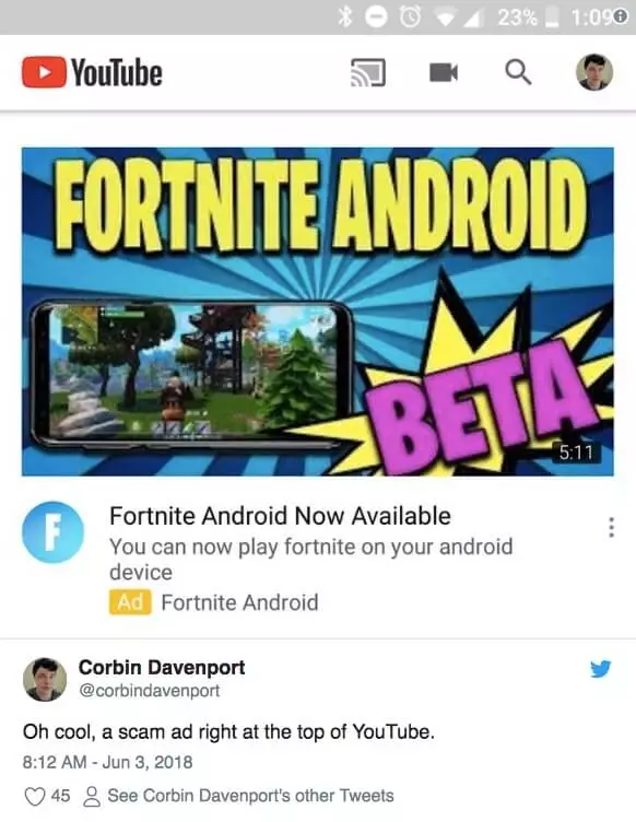 Dikkat, aldatmaca. Dolandırıcılar YouTube'da Android için sahte bir fortnite tanıtın 8063_2