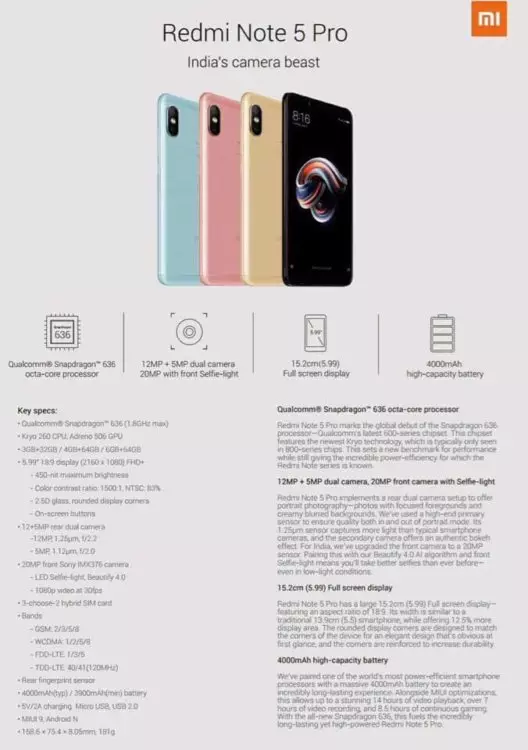 Xiaomi Redmi Note 5 ug 5 Pro: Opisyal nga mga Kinaiya, Naghatag, 