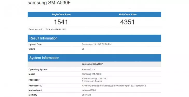 Galaxy A5 (2018) ma 'exynos chipset f'Geekbench